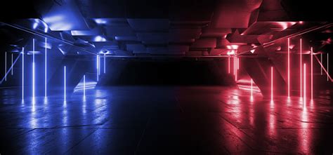 네온 공상 과학 미래 지하 사이버 전기 퍼플 블루 활기찬 빛나는 레이저 조명 금속 무대 금속 큐브 튜브 케이지 광택 쇼룸 제품 광고 3d 렌더링 0명에 대한 스톡 사진 및