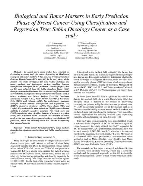 Pdf Biological And Tumor Markers In Early Prediction Phase Of Breast Cancer Using