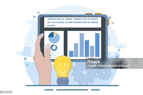 태블릿 및 전구 아이디어에 대한 비즈니스 그래픽 보고서 비즈니스 인텔리전스 개념 정확한 정보 조사 비즈니스 인텔리전스 및 성공적인 전략 계획 평면 벡터 그림입니다 개발에