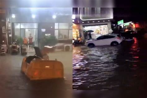 福建莆田突降大雨多地积水严重 街道成河道垃圾箱被冲走