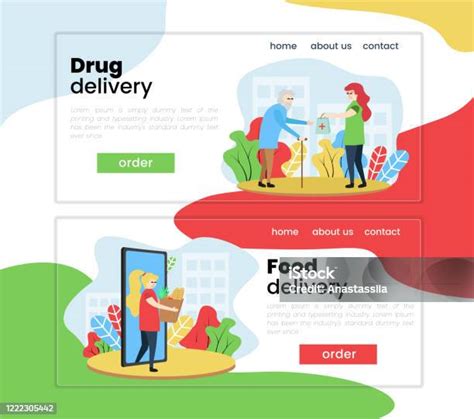 일러스트 세트 배너 식품 배달 마약 배달 여자의 그림은 스마트 폰 식물과 편지 음식 배달의 배경에 식료품을 제공합니다 가방에 대한 스톡 벡터 아트 및 기타 이미지 Istock