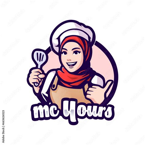 Moslem Woman Chef Mascot Logo Vector Smiling And Cheerful Girl Chef