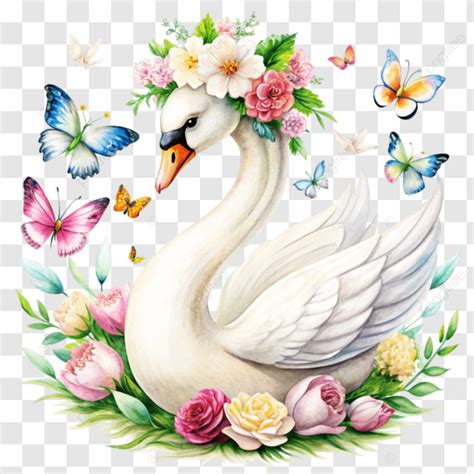 꽃 왕관과 나비 클립 아트 일러스트와 함께 하얀 백조 하얀 백조 클립 아트 꽃 왕관 일러스트와 함께 백조 백조와 나비 예술