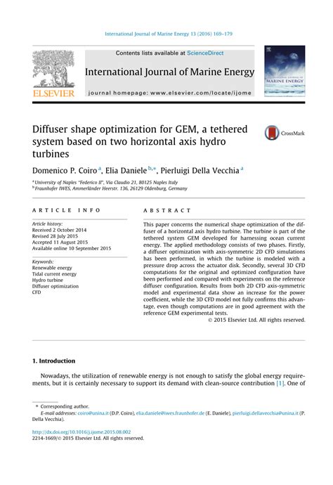 Pdf Diffuser Shape Optimization For Gem A Tethered System Based On Two Horizontal Axis Hydro
