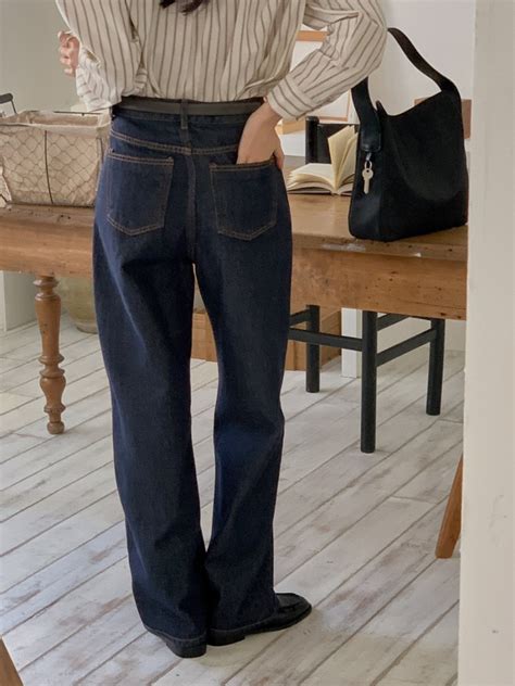 L 논페이드 진 롱 세미와이드 노이염 데님 진청 청바지