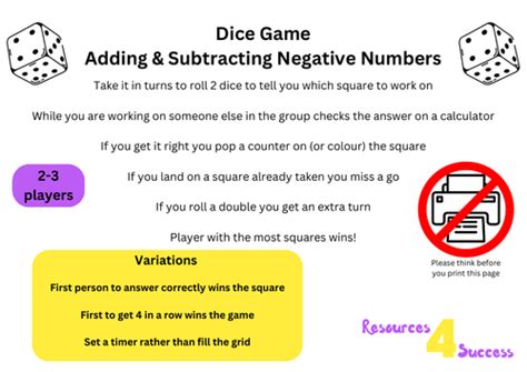 Adding And Subtracting Negative Numbers Board Game Teaching Resources