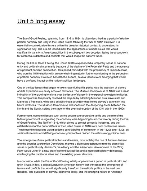 Unit Ap History Unit Long Essay The Era Of Good Feeling Spanning From To Is