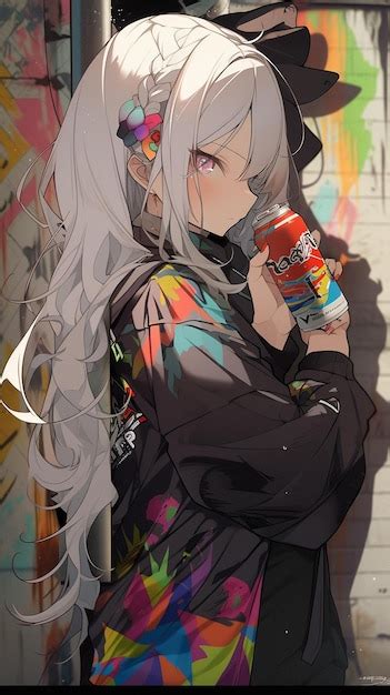 Garota De Anime Com Cabelos Brancos E Uma Jaqueta Preta Segurando Uma Lata De Refrigerante