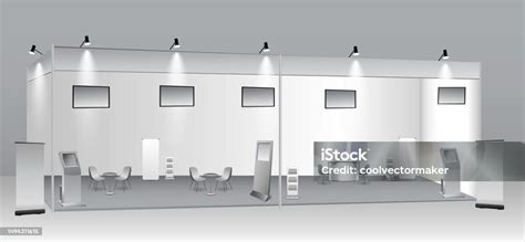 현실적인 무역 전시회 스탠드 또는 흰색 빈 전시 키오스크 또는 스탠드 부스 기업 광고의 세트 Eps 벡터 전시회에 대한 스톡