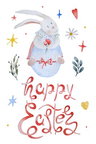 수채화 인쇄 행복한 부활절 계란 부활절 토끼 꽃 나뭇잎 및 심장이있는 귀여운 손으로 그린 봄 삽화 엽서 포장 및 축제 장식 디자인을위한 클립 아트 4월에 대한 스톡 벡터