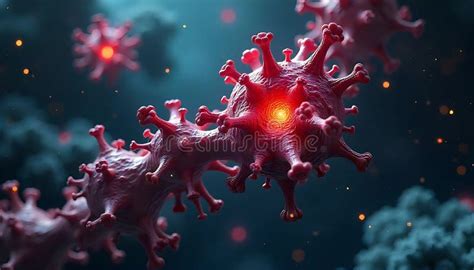 A Microscopic View Of Interconnected Red Virus Cells With Glowing