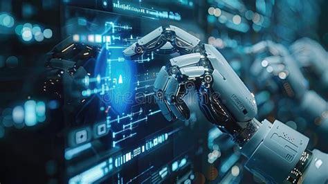 Robotic Hand Interacting With Digital Interface In Futuristic Setting Stock Image Image Of