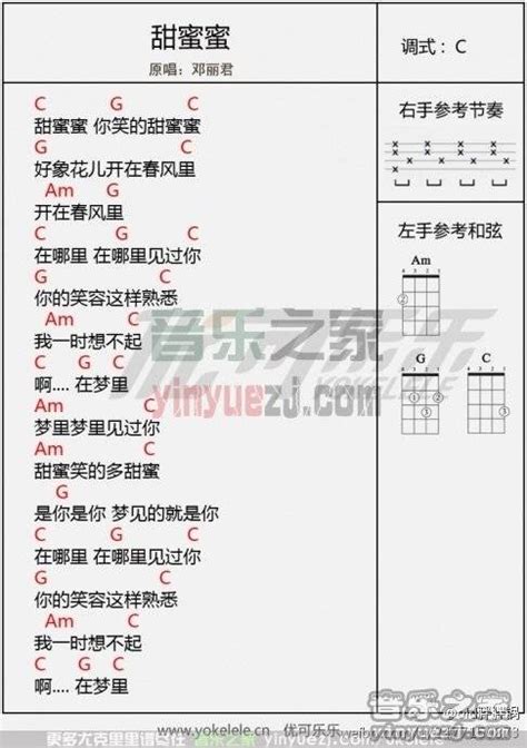 C调版 邓丽君《甜蜜蜜》尤克里里弹唱谱 吉他谱 简谱 尤克里里 吉他谱下载 吉他教学视频 思伊吉他网