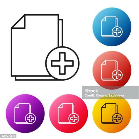 검은색 선 흰색 배경에 격리된 새 파일 아이콘추가합니다 문서 아이콘을 복사합니다 아이콘 다채로운 원 버튼을 설정합니다 벡터 일러스트레이션 개념에 대한 스톡 벡터 아트 및