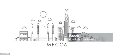 메카 시티 플랫 일러스트레이션 메카 홀리데이 여행 라인 드로잉 현대 의 리네트 메카 일러스트 손으로 스케치 포스터 배너 엽서