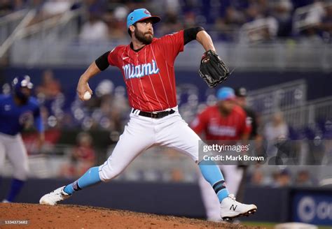 Dylan Floro Of The Miami Marlins Delivers A Pitch In The Ninth Inning