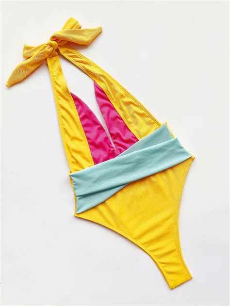 One Piece Contrast Deep V Swimwear