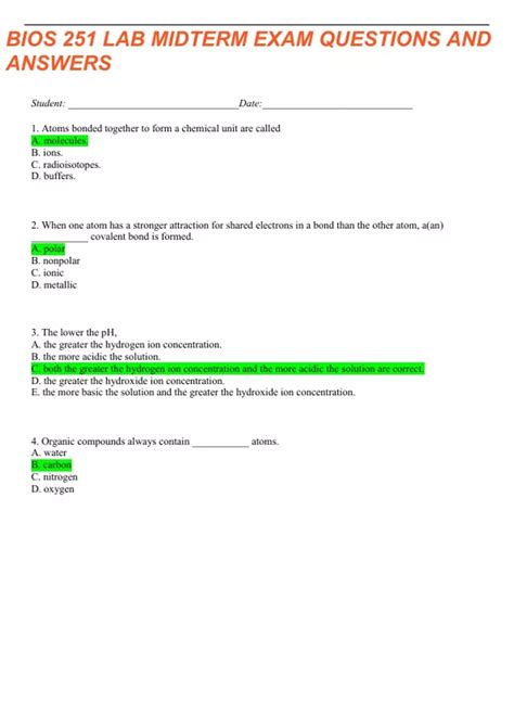 Bios 251 Lab Midterm Exam Questions And Answers Latest 2024 Bios 251