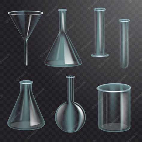 현실적인 화학 플라스 크의 집합입니다 투명 빈 깔때기 전구 병 시험관 필터 어두운 투명 배경 현실적인 3d 일러스트