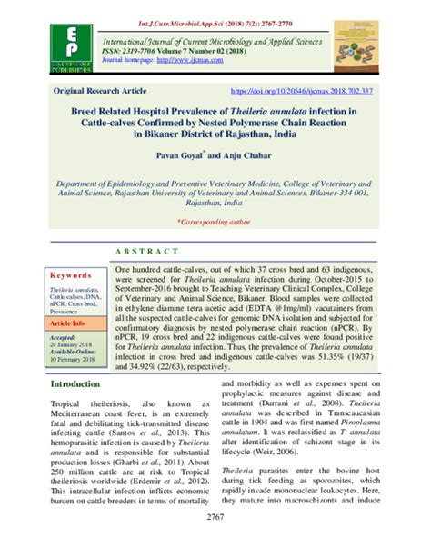 Pdf Breed Related Hospital Prevalence Of Theileria Annulata Infection In Cattle Calves