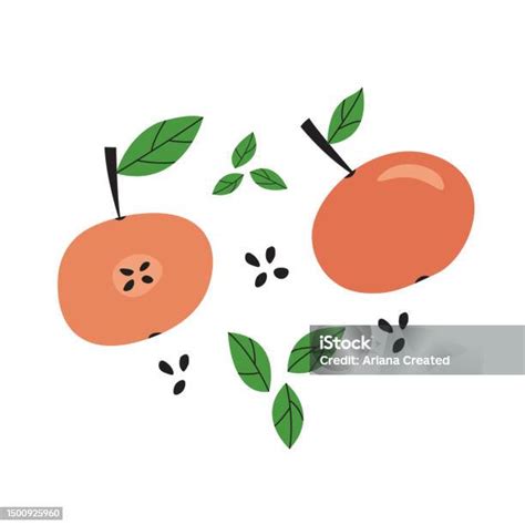 Apel Kartun Doodle Merah Diatur Dengan Daun Dan Biji Hijau Buah Pertanian Pohon Berwarnawarni