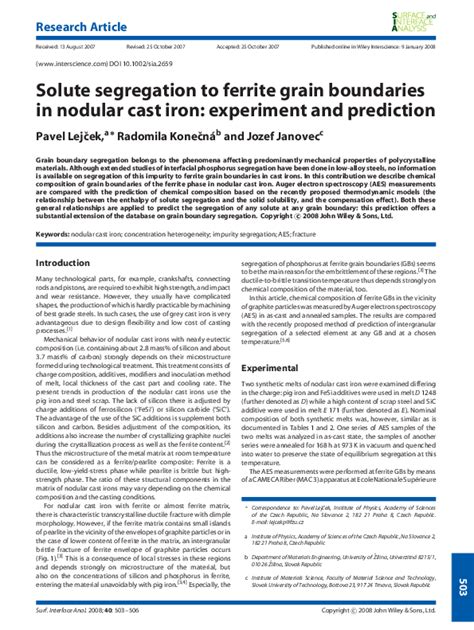 Pdf Solute Segregation To Ferrite Grain Boundaries In Nodular Cast Iron Experiment And Prediction