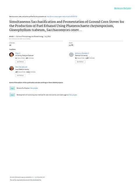 Simultaneoussaccharificationandfermentationof Pdf Cellulosic Ethanol Lignin