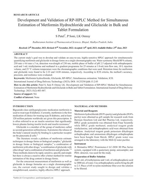 Pdf Development And Validation Of Rp Hplc Method For Simultaneous Estimation Of Metformin