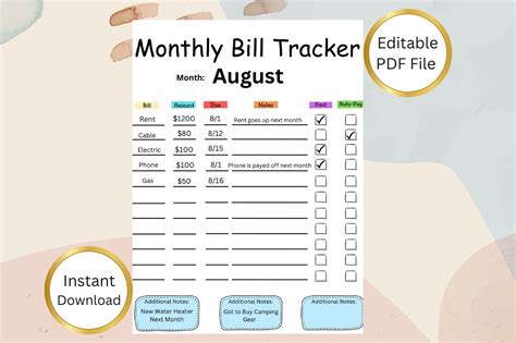 Editable Monthly Bill Tracker Printable Bill Management Log Bill Checklist Bill Planner