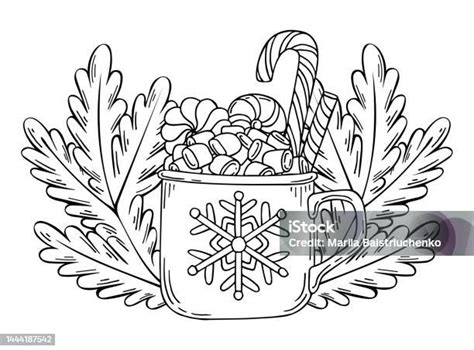 음료와 과자의 색칠하기 크리스마스 컵 전나무 가지 마시멜로와 핫 초콜릿 손으로 그린 벡터 낙서 그림입니다 어린이와 성인을위한 색칠 공부 책 블랙 화이트 라인 아트 겨울에