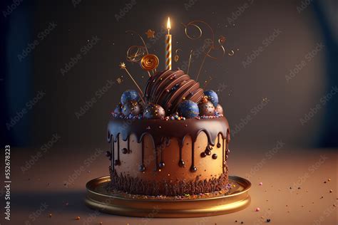 Celebration Birthday Cake With Lots Of Icing And Decorations Generative Ai Stock Illustration