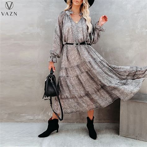 Vazn 발목 길이 프린트 드레스 하이 스트리트 스타일 롱 드레스 긴 소매 V 넥 여성 롱 드레스 2022 Aliexpress