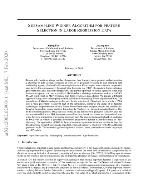 Subsampling Winner Algorithm For Feature Selection In Large Regression Data Deepai