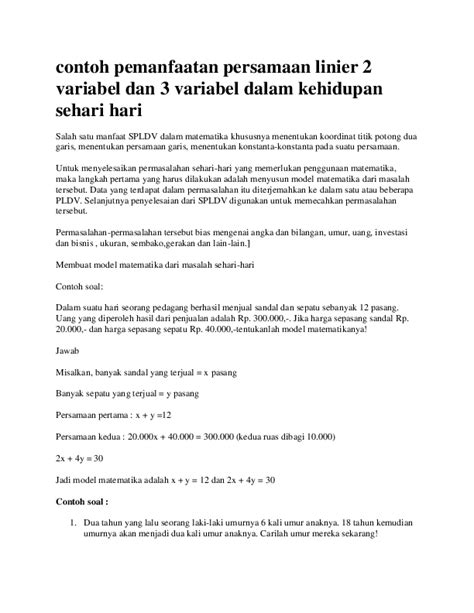 Contoh Soal Persamaan Linear 3 Variabel Dalam Kehidupan Sehari Hari