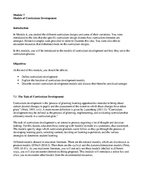 Educ 103 Module 7 Educ Notes 101 Module 7 Models Of Curriculum