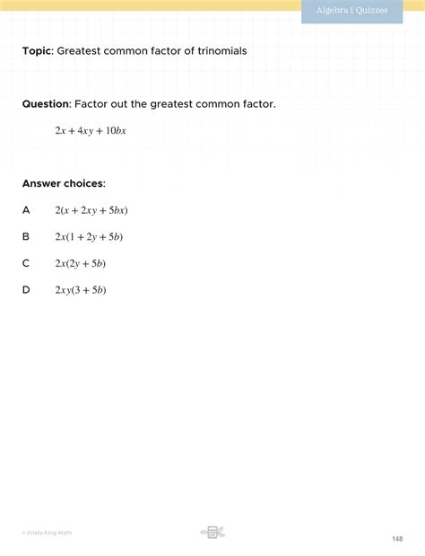 01 Greatest Common A Of Trinomials Topic Greatest Common Factor Of Trinomials Question