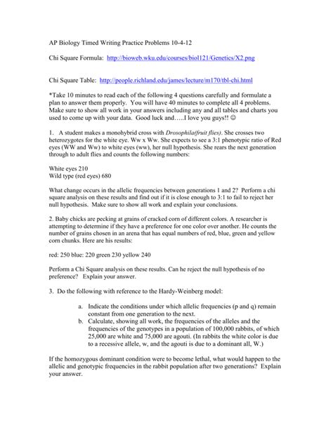 Ap Biology Chi Square Problems 10 3 12