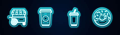 세트 라인 빠른 길거리 음식 카트 커피 컵 물과 도넛이 있는 유리 빛나는 네온 아이콘입니다 벡터 거리에 대한 스톡 벡터 아트 및