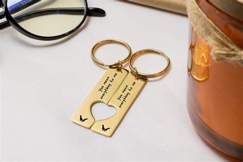 Custom Engraved Heart Couple Keychain Set Wedding Date Etsy