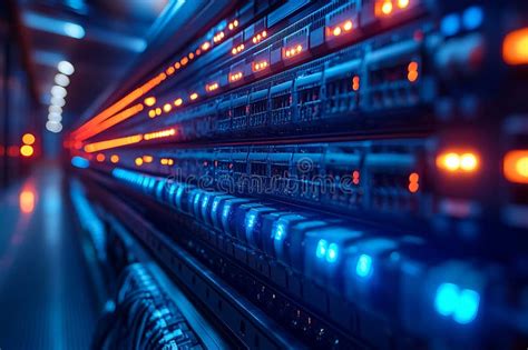 Data Center Server Racks With Blinking Lights Indicating Network Activity And Processing Stock