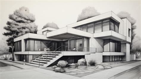 Detailed Pencil Drawing Of Modern House With Steps Premium Ai