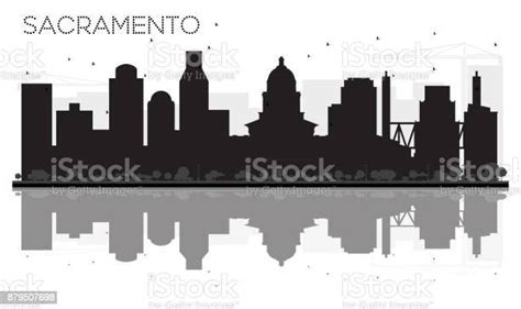 반사와 새크라멘토 시티 스카이 라인 검은색과 흰색 실루엣 새크라멘토에 대한 스톡 벡터 아트 및 기타 이미지 새크라멘토 스카이라인 캘리포니아 Istock