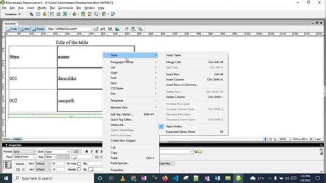 Dreamweaver Editing Table Delete Rows Columns Youtube