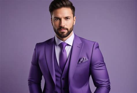Handsome Man In Elegant Purple Suit Posing Confidently Against A Grey