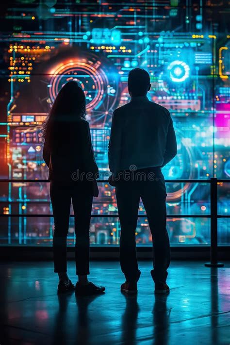 Man And Woman Engineers Standing By Big Screen With Technology Data