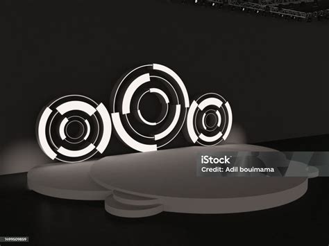 계단 투시도가 있는 이벤트 빈 무대 디자인 조명이 있는 원형 디자인 배경과 천장 스포트라이트 시스템 내부 홀 3d 렌더링 그림