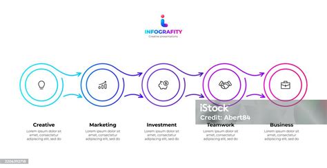 창의성 투자 마케팅 팀워크 및 비즈니스 개발을 특징으로 하는 현대적인 비즈니스 전략 개념을 나타내는 인포그래픽을 간략하게 설명합니다 프로세스 다이어그램 및 5단계 0명에