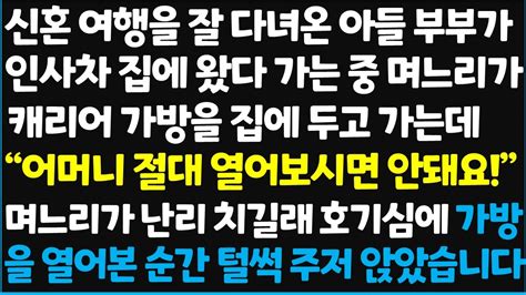 신청사연 신혼 여행 잘 다녀온 아들 부부가 인사차 집에 왔다 가는 중 며느리가 캐리어 가방을 집에 두고 가는데 어머니 절대 열어보시면 신청사연 사이다썰 사연
