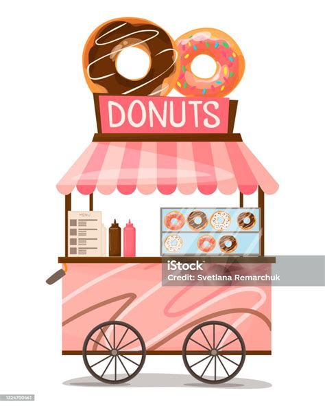 패스트 푸드 스트리트 도넛 트럭 패스트 푸드 비즈니스 판매자 키오스크 도넛 패스트 푸드 숍 거리 카트 도시 디자인 웹 그래픽 및