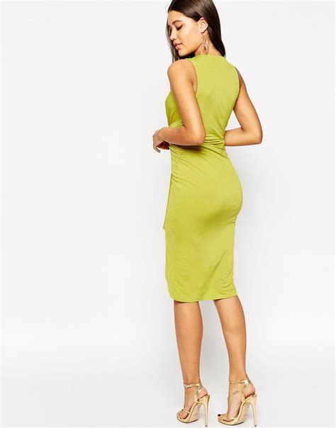 Asos Deep Plunge Twist Midi Dress In Green Lyst